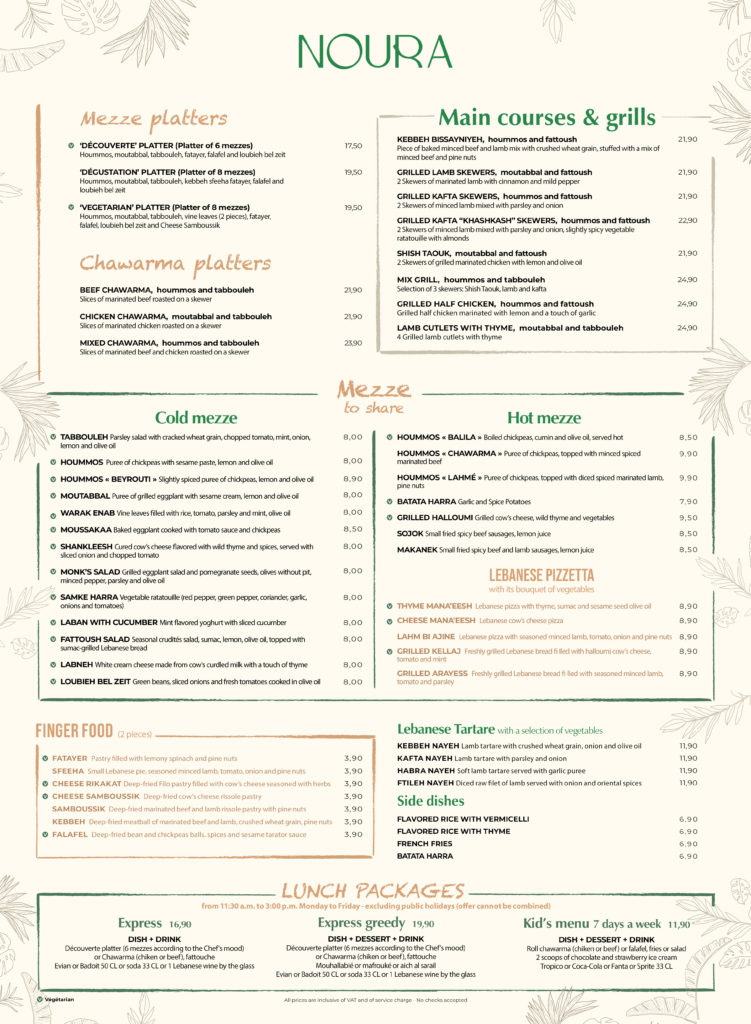 Menu Val d'Europe - Noura | Restaurants libanais à Paris & Livraison libanais